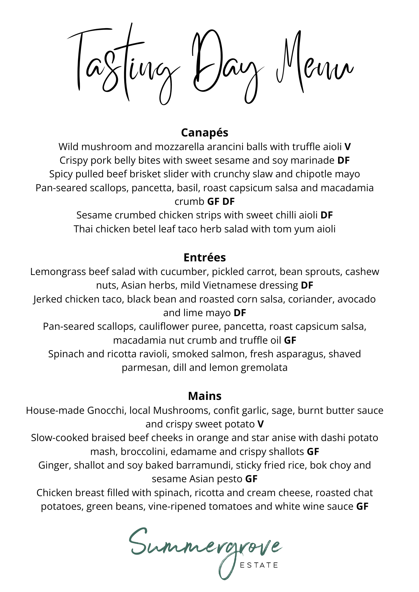 Summergrove Estate Menu Tasting Day - Summergrove Estate