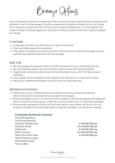 Beverage Options - Summergrove Estate